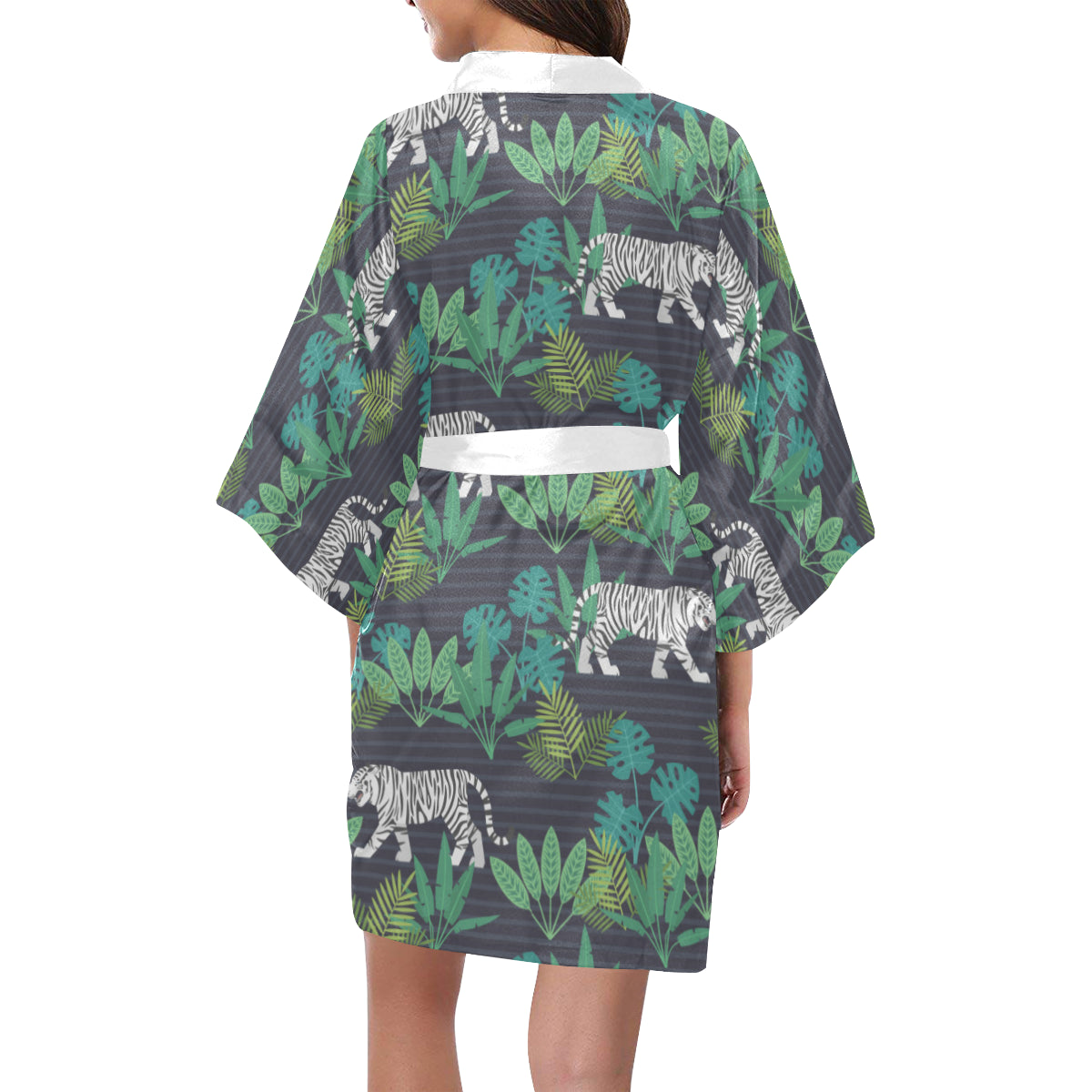 white bengal tigers tropical plant Women's Short Kimono Robe – ccgoodshop