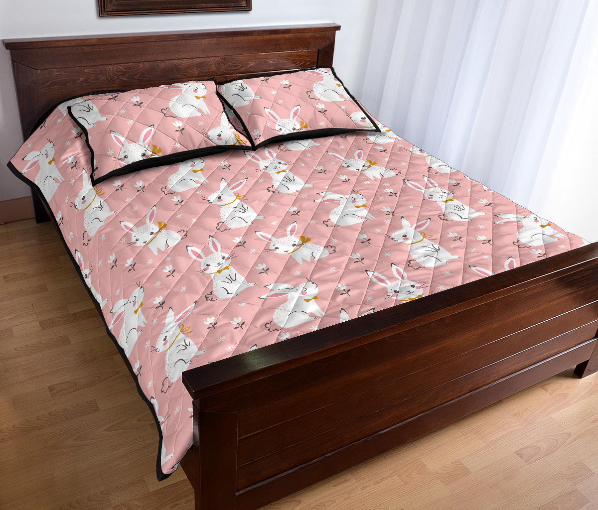 Cute white rabbit flower pink background Quilt Bed Set holiday gift ...