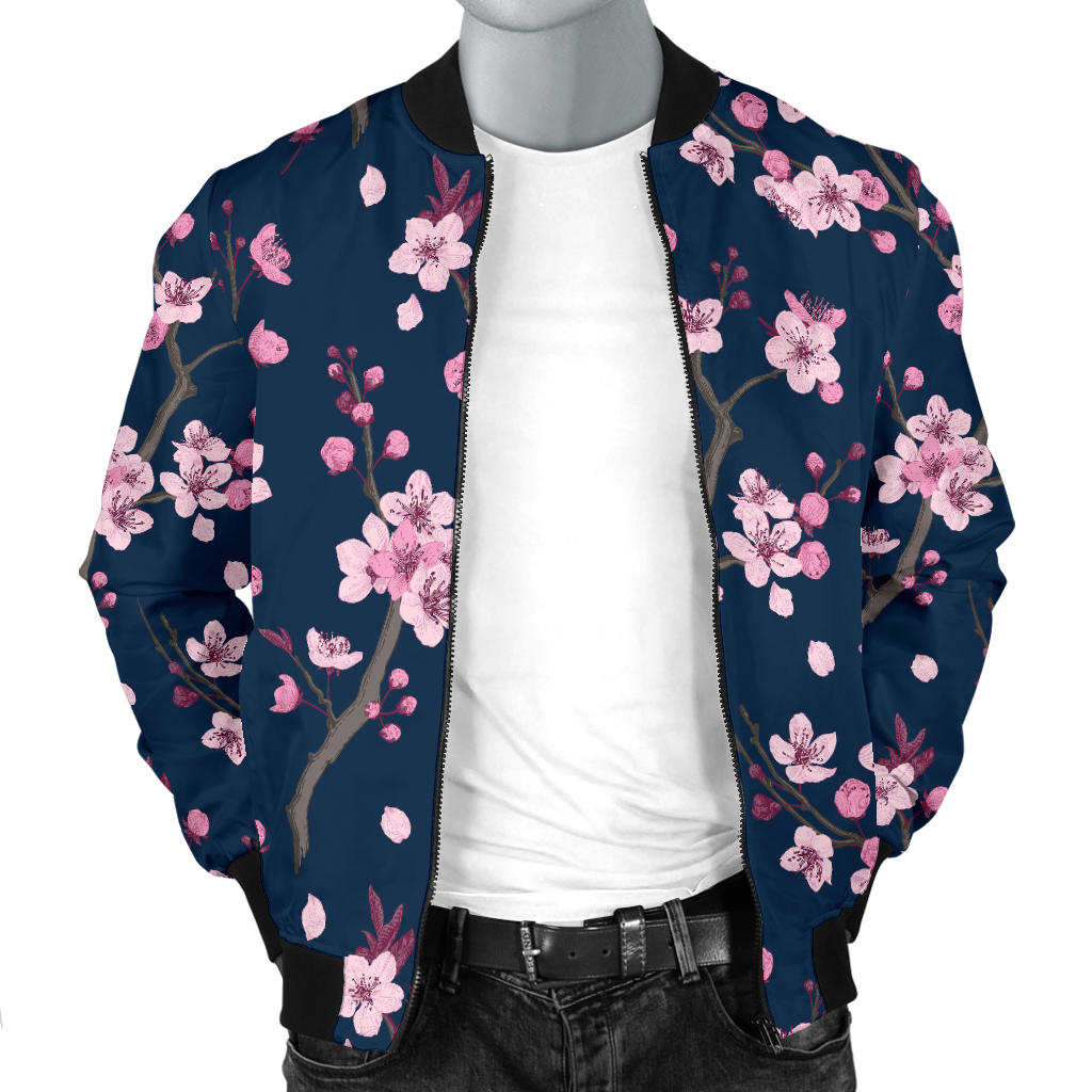 Pink Sakura Cherry Blossom Blue Background Men'S Bomber Jacket holiday ...
