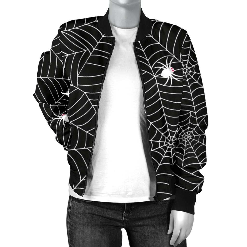 Spider Web Design Pattern Black Background White Cobweb Women'S Bomber ...