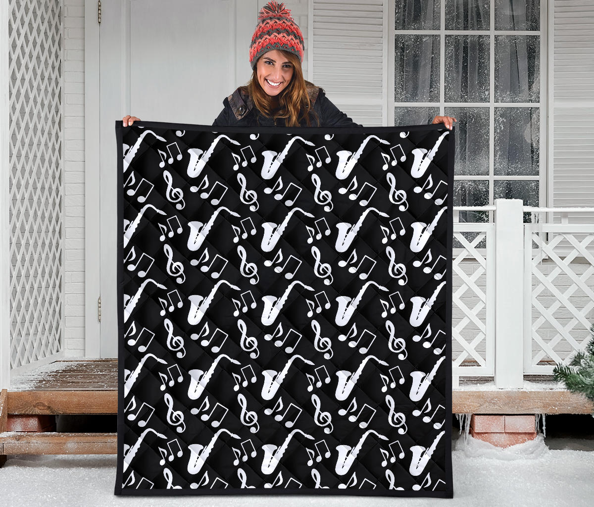 Saxophone Music Notes Treble Clef Black White Theme Premium Quilt ...